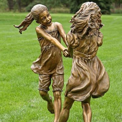 China Happy Children Sculpture Life Size Two Girls Playing Game Bronze Garden Statue for sale