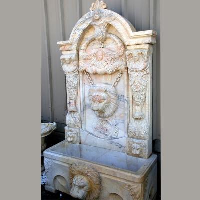 China Outdoor Water Feature Large Marble Stone Carved Wall Garden Fountain With Lion Head Decoration for sale