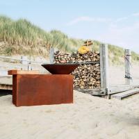 China Multi Function Rectangular Corten Steel Fire Table With Log Storage for sale