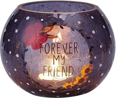 China Unique Decorative Round Colored Cracked purple Glass Candle Holder with Decaling flower for sale