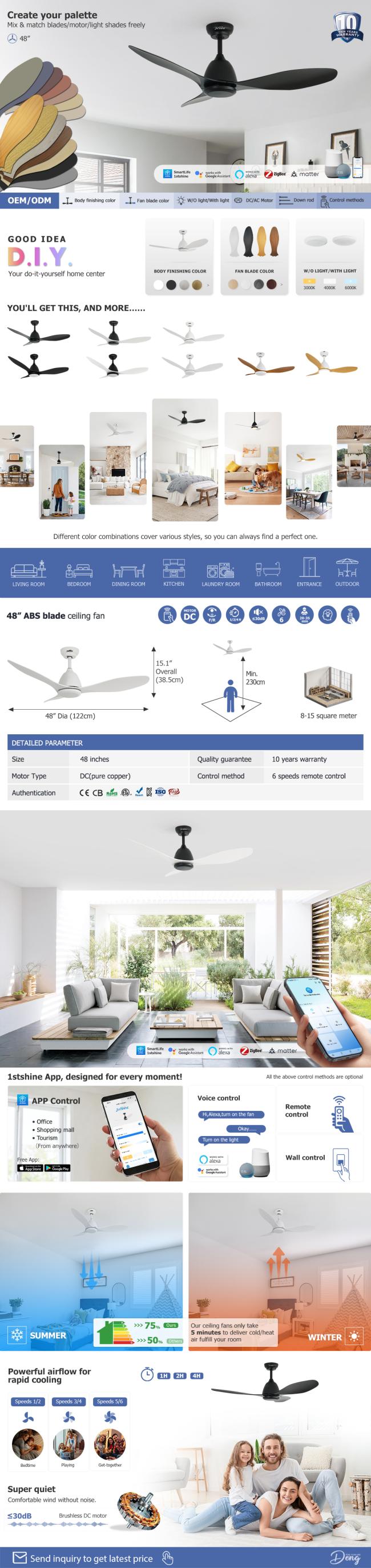 48-inch modern ceiling fan with white blades and black body, showing sleek minimalist design