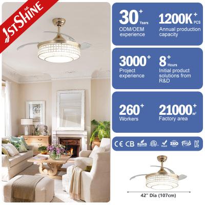 China 42 polegadas de poupança de espaço retrátil LED ventilador de teto com luz e Smart App controle remoto à venda
