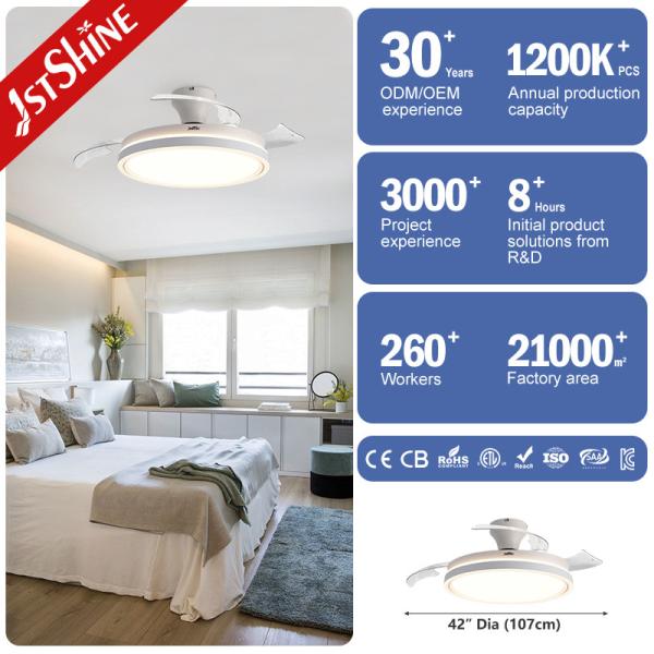 Flush Mounted Retractable Ceiling Fan With Light 3 Color Dimmable LED Light