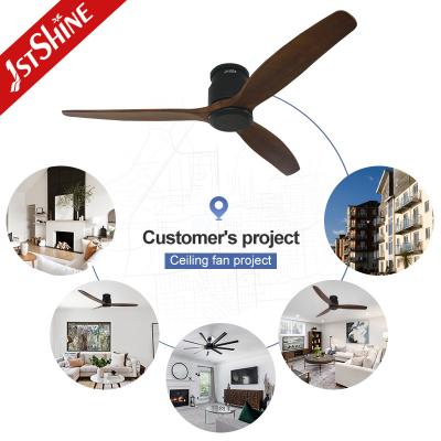China 3-Blade Wooden Ceiling Fan with Smart Remote Control and App-Controlled Flush Mount for sale
