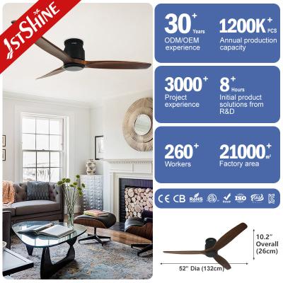 China 3-Blade Wooden Ceiling Fan with Smart Remote Control and App-Controlled Flush Mount for sale