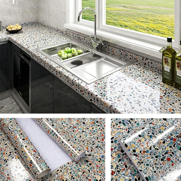 Quality Terrazzo Texture Marble PVC Film Glossy Waterproof Kitchen Countertop Wrap for sale