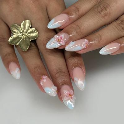China Sweet Flower Finish Long Almond 3D Artifical Nails Ombre Design for sale