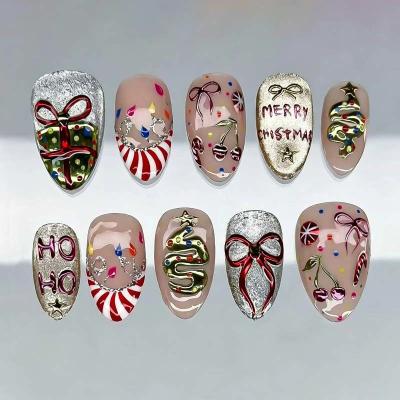 China Wholesale Gift Bow Christmas Holiday Fake Nails Almond Nude Candy Cane Tree for sale