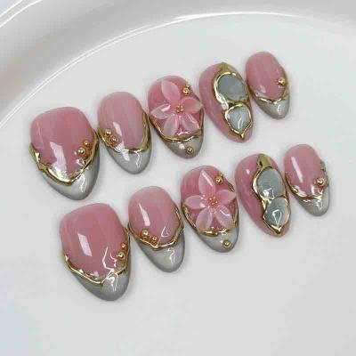 China Reusable Gentle Nail Art Handmade Fake Nails Almond  3D Flower Gold Frame Design for sale