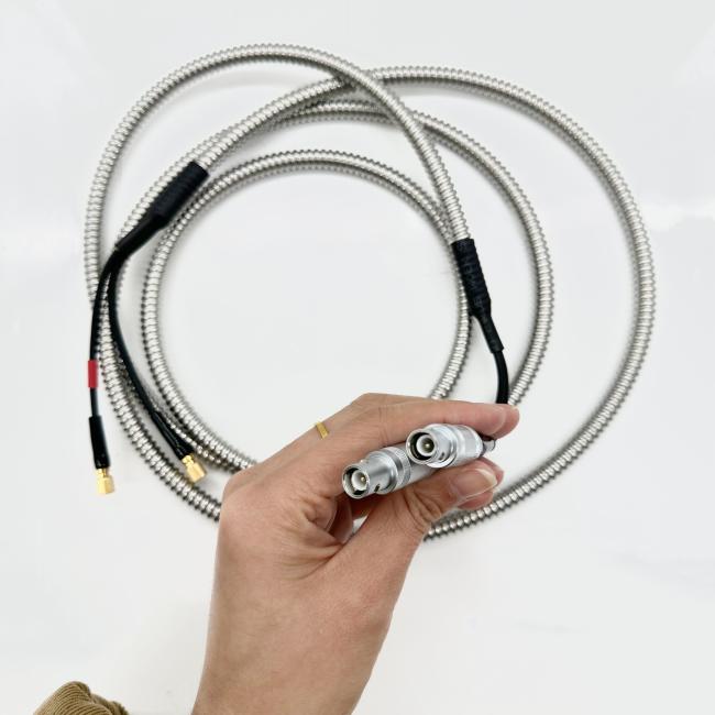 Detailed view of High-temperature Dual-cable Lemo 01-Microdot interface connections