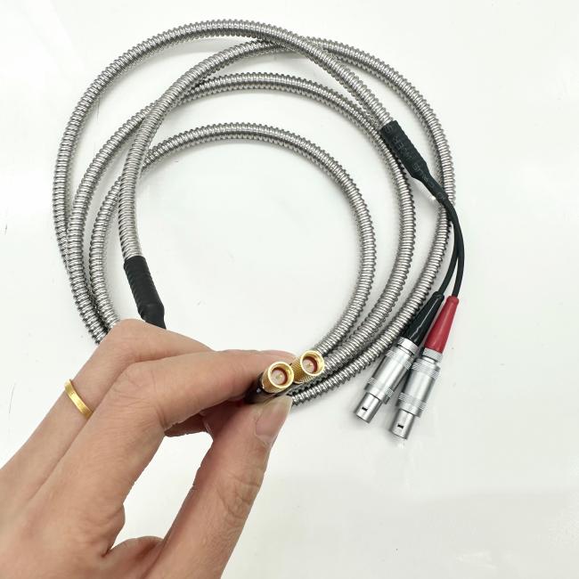 Close-up view of High-temperature Dual-cable Lemo 01-Microdot connectors