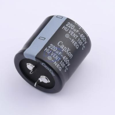 China aluminum electrolytic capacitor CapXon HU221M450O300A00A rated 220 microfarads 450 volts with wide temperature range for sale