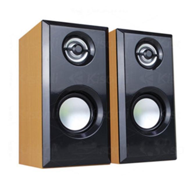 Front view of Bevenbi bookshelf speaker showing yellow cabinet