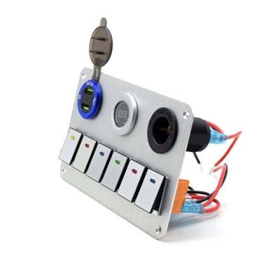 China Silver Metal 6 Gang Switch Panel 12V/24V Rocker USB Socket Power Socket Breaker Control QC3.0 Socket for sale