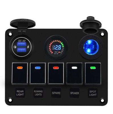 China 5 Colors LED 5 Gang Switch Panel 12V/24V Rocker USB Socket Power Socket Breaker Control QC3.0 RV Car Marine for sale