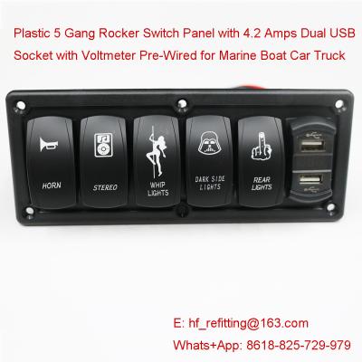 China Plastic 5 Gang Rocker Switch Panel with 4.2 Amps Dual USB Socket with Voltmeter Pre-Wired for Marine Boat Car Truck for sale