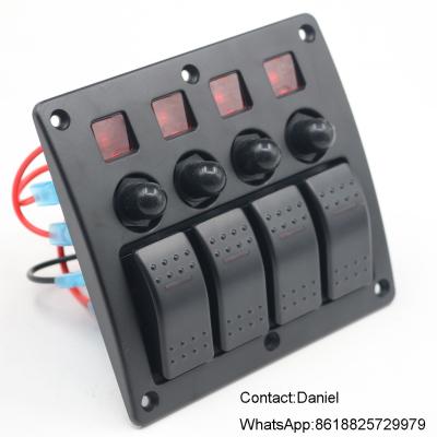 China Auto car marine 12V 4 gang Red LED on-off rocker Switch Panel with circuit breaker fuse for sale
