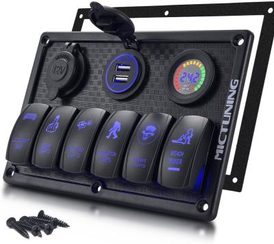 China Waterproof Rocker Switch Panel with Fuse, 6 Gang ON-Off Toggle Switch Dual USB Digital Voltmeter and Cigarette Lighter for sale