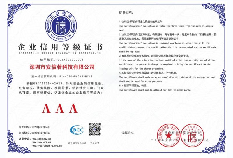 Enterprise Credit Rating Certificate - Shenzhen Anxinruo Technology Co., Ltd.