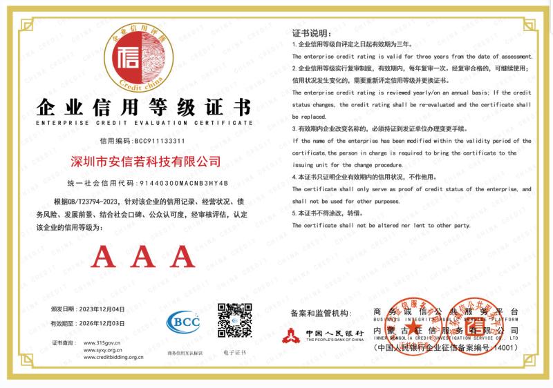 Enterprise Credit Rating Certificate - Shenzhen Anxinruo Technology Co., Ltd.