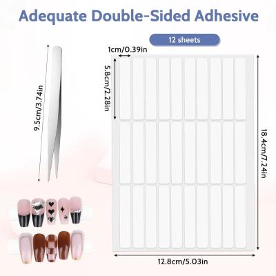 China 12 Sheets Double Sided Acrylic Nail Tape Clear Mounting Tape Press on Nails Nail Art Packaging Salon Supplies with Tweezers for sale