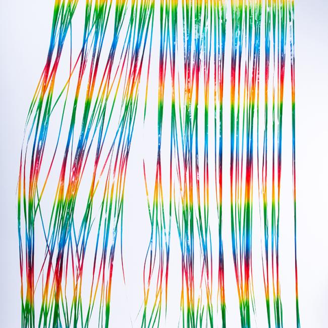 Colorful fringe curtain displayed in a modern interior setting