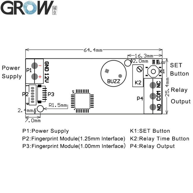 Grow K202+R502-Aw DC12V Fingerprint Access Control Board
