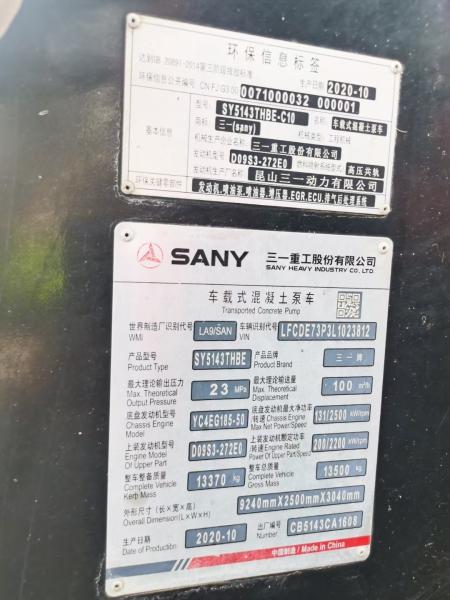 Quality Truck Mounted Used Concrete Line Pump 2020 SANY 18970CBM SY5143THBE for sale