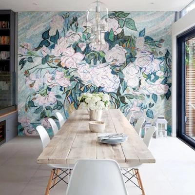China Art Mural Mosaic handcut glass wall panels showcasing flower and animal patterns for unique living room and office decoration for sale