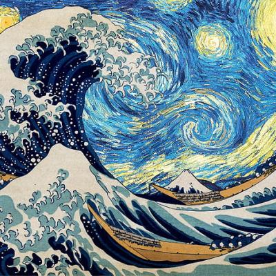 China Hokusai and Van Gogh Painting Handcut Glass Mosaic  Mural Tiles for Hotel Lobby for sale