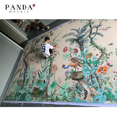 China Wall Decoration Glass Mural Mosaic Art Tiles Moden Flowers Birds Pattern for sale