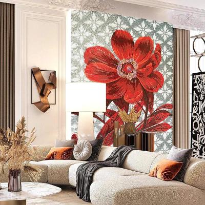 China Red Flower Mosaic Pattern Tile Wall Hanging Modern Glass Painting for Bathroom for sale