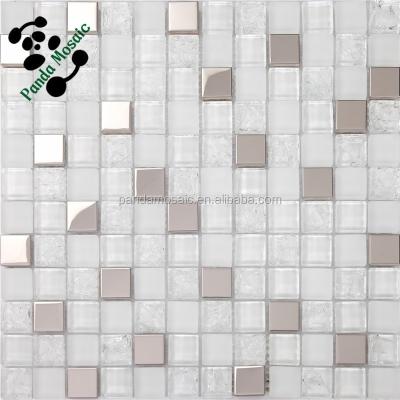China Super White Crystal Glass Mosaic Tile Mixed Metal Mosaic 300x300mm for Bathroom Wall for sale