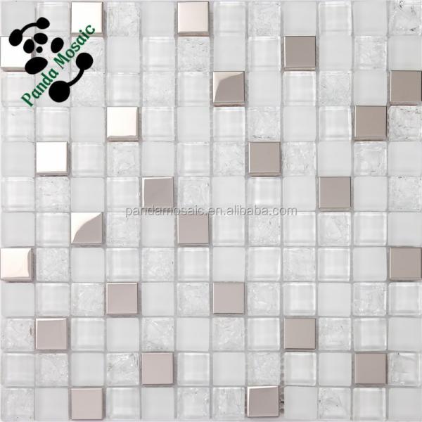 Quality Super White Crystal Glass Mosaic Tile Mixed Metal Mosaic 300x300mm for Bathroom Wall for sale