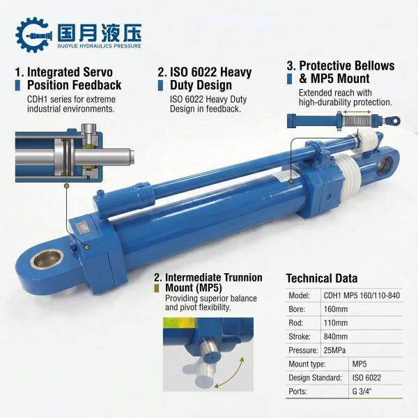 Quality Precision Servo Hydraulic Cylinder CDH1 MP5 160/110-840 with Integrated Displacement Transducer
 for sale