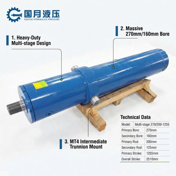 Quality Heavy Duty Multi-stage Telescopic Hydraulic Cylinder 270/200-1255 with MT4 Trunnion Mount for sale