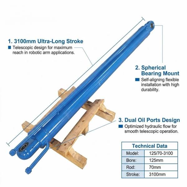 Quality Robot Arm Telescopic Hydraulic Cylinder 125/70-3100 | ISO 6022 Double Acting Long Stroke Cylinder with MP5 Spherical Bearing Mount for sale
