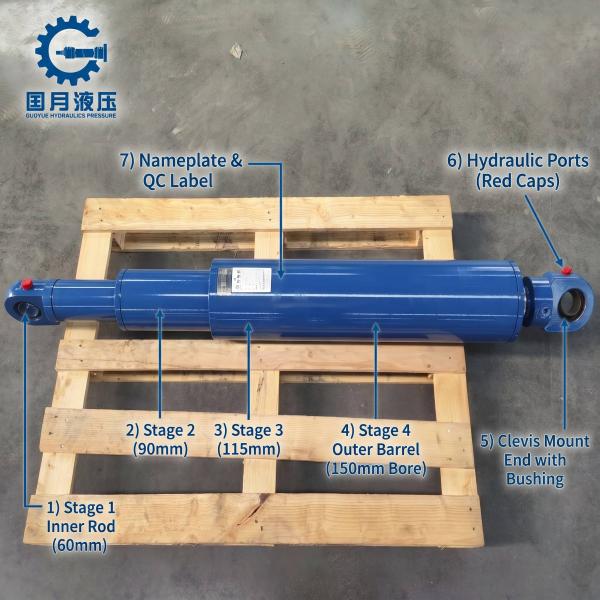 Quality Guoyue Hydraulics 4-Stage Single-Acting Telescopic Hydraulic Cylinder 150/130/115/105/90/75/60mm × 4440mm Total Stroke, 21 MPa, Clevis Mount for sale