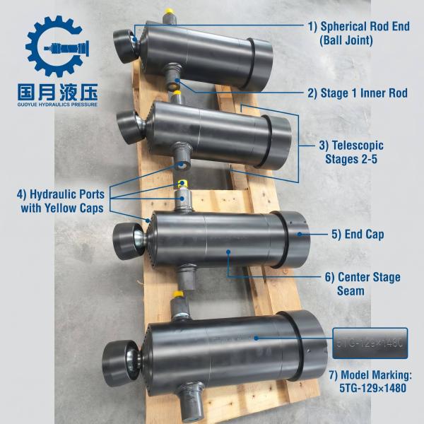 Quality Guoyue Hydraulics 5TG Series 5-Stage Double-Acting Telescopic Hydraulic Cylinder for Lift Truck — 129mm Outer Bore, Ball Joint Rod End, Up to 1480mm Stroke Per Stage
 for sale