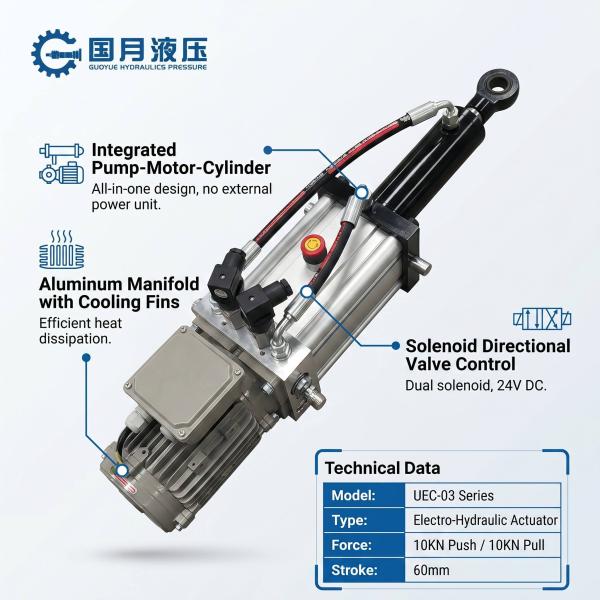 Quality Guoyue Hydraulics UEC-03 Integrated Electro-Hydraulic Actuator — 40mm Bore × 28mm Rod × 60mm Stroke, 10KN Push/Pull, Self-Contained Pump & Motor, Solenoid Controlled
 for sale