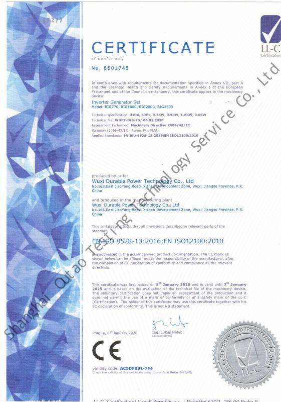 CE Certification - WUXI DURABLE POWER TECHNOLOGY CO.,LTD