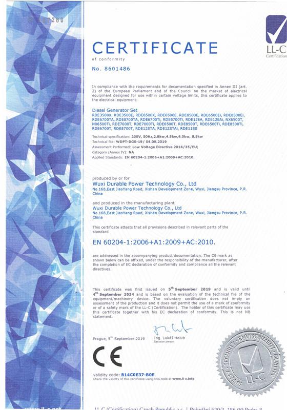 CE Certification - WUXI DURABLE POWER TECHNOLOGY CO.,LTD