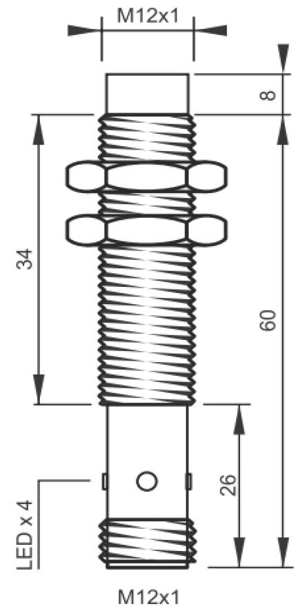 Dimensional drawing of PBT surface inductive sensor showing measurements and connection points