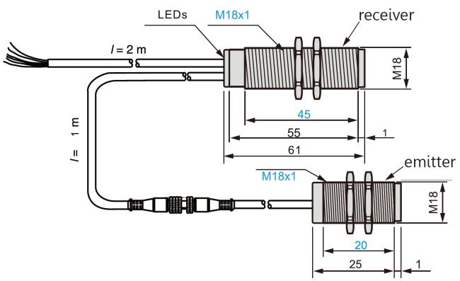 Dimensional drawing of U30D Ultrasonic Distance Sensor
