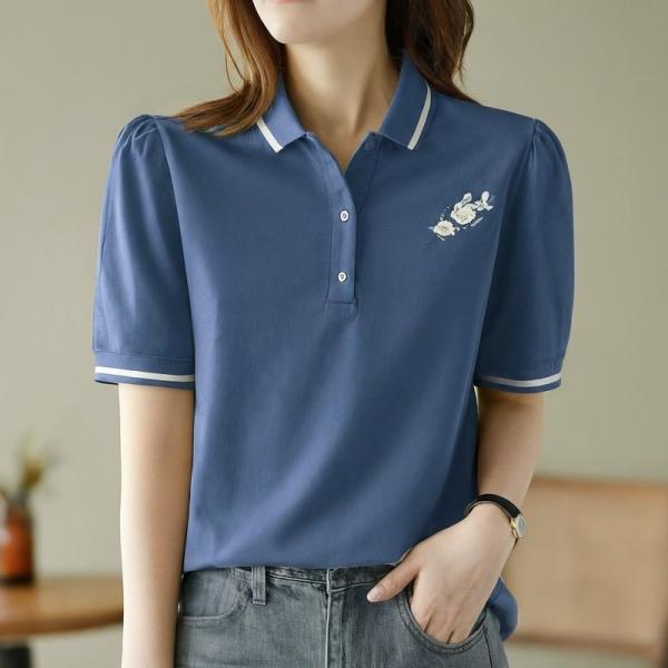 Quality Summer Cotton Women'S Polo Shirts Custom Color Blue White Embroidery Puff Print for sale