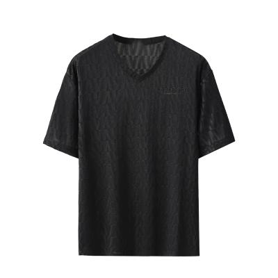 China 2025 Summer Men's High-End Plaid Ice Silk Short Sleeve T-Shirt Elegant Luxury Leisure Half Sleeve Top Loose Fit Knitted New for sale
