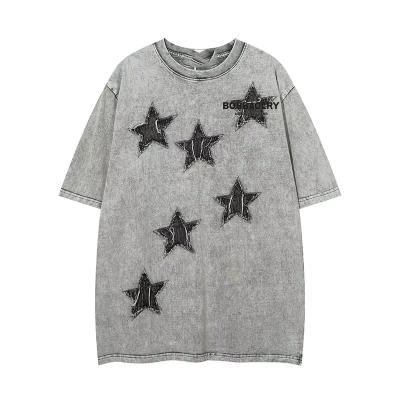 China Custom High Quality Streetwear Crew Neck Tshirt Applique Patches Embroidery Acid Washed Vintage Tshirt for sale