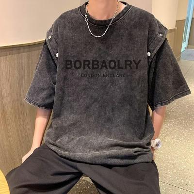 China Vintage Detachable Short Sleeve T-Shirt Men's Loose Heavy Cotton Acid Wash T Shirt Top Summer Trend Brand T Shirts for sale