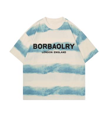 China Wholesale 220g T-shirt Cotton Fashion Casual Loose Striped Top Tie-dye Craft Dropped Shoulders Round Neck Short Sleeve for sale