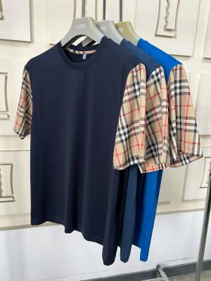 China Men's Fashion Tees with Iconic Plaid Sleeves, Regular Fit Crew Neck, High - Quality Cotton for sale